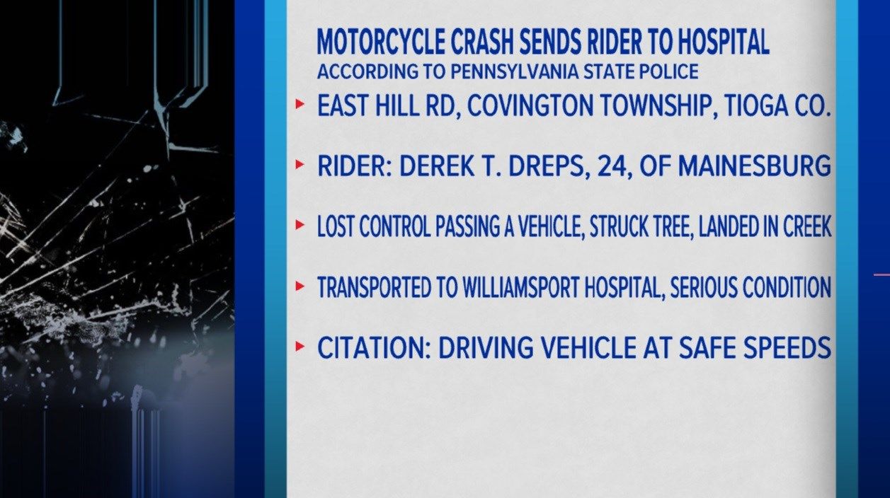 PSP: Motorcycle Crash in Tioga Co. Sends Rider Airborne - WENY News